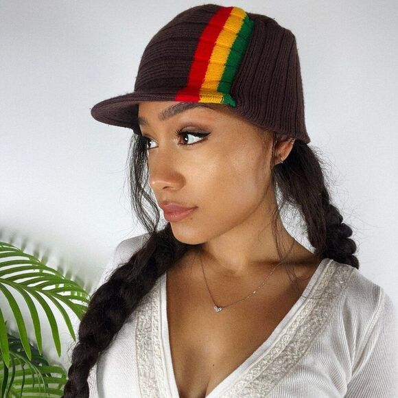 Vintage | Accessories | Vintagebrown Knit Boho Hippie Rasta Striped Visor Beanie Unisex Cap Os ...